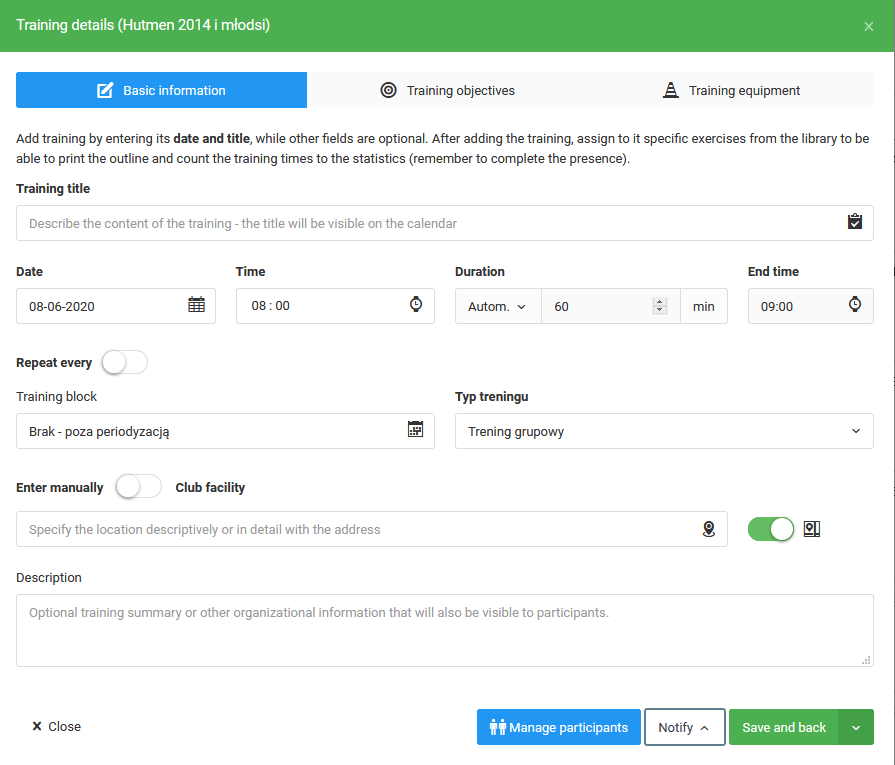 ProTrainUp - Creating a training session